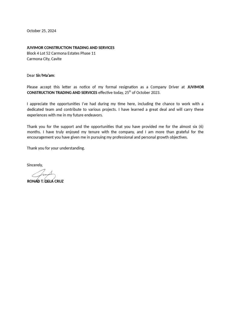 Resignation Letter (Ronald Dela Cruz) | PDF Resignation Letter (Ronald Dela Cruz) | PDF