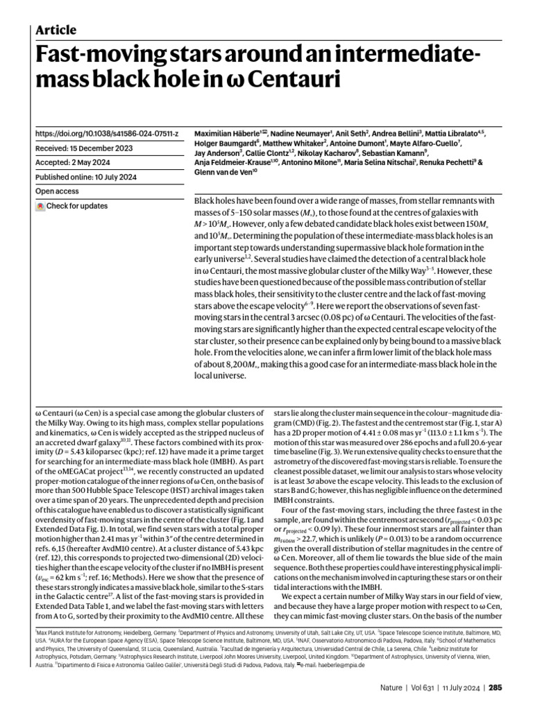 Fast-moving stars around an intermediate-mass black hole in ω Centauri ...