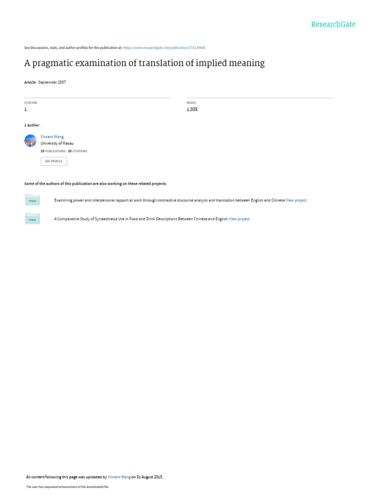 A Pragmatic Examination of Translation of Implied Meaning | PDF | Translations | Human Communication