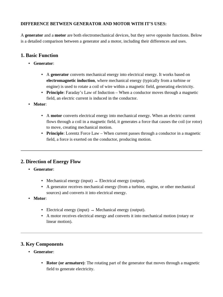 Difference Between Generator and Motor With Its Uses | PDF | Electric Generator | Electric Motor