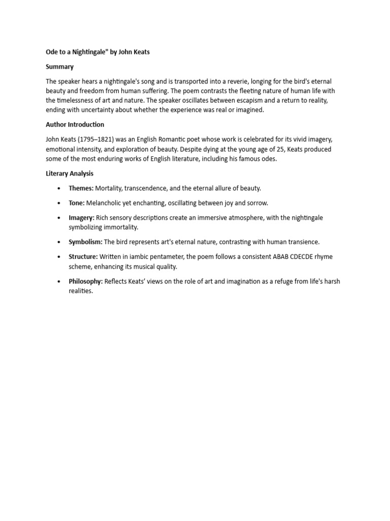 Ode To A Nightingale Literary Analysis | PDF