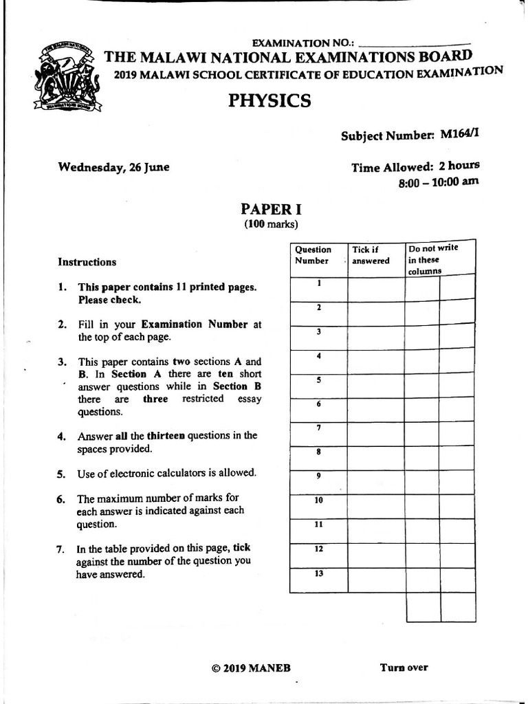 2019 PHYSICS Paper 1 MANEB | PDF