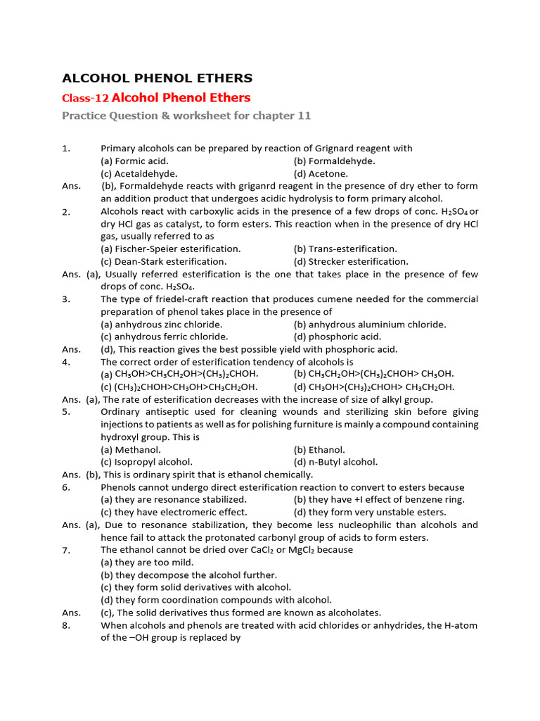Alcohols Board Questions | PDF | Ester | Acid