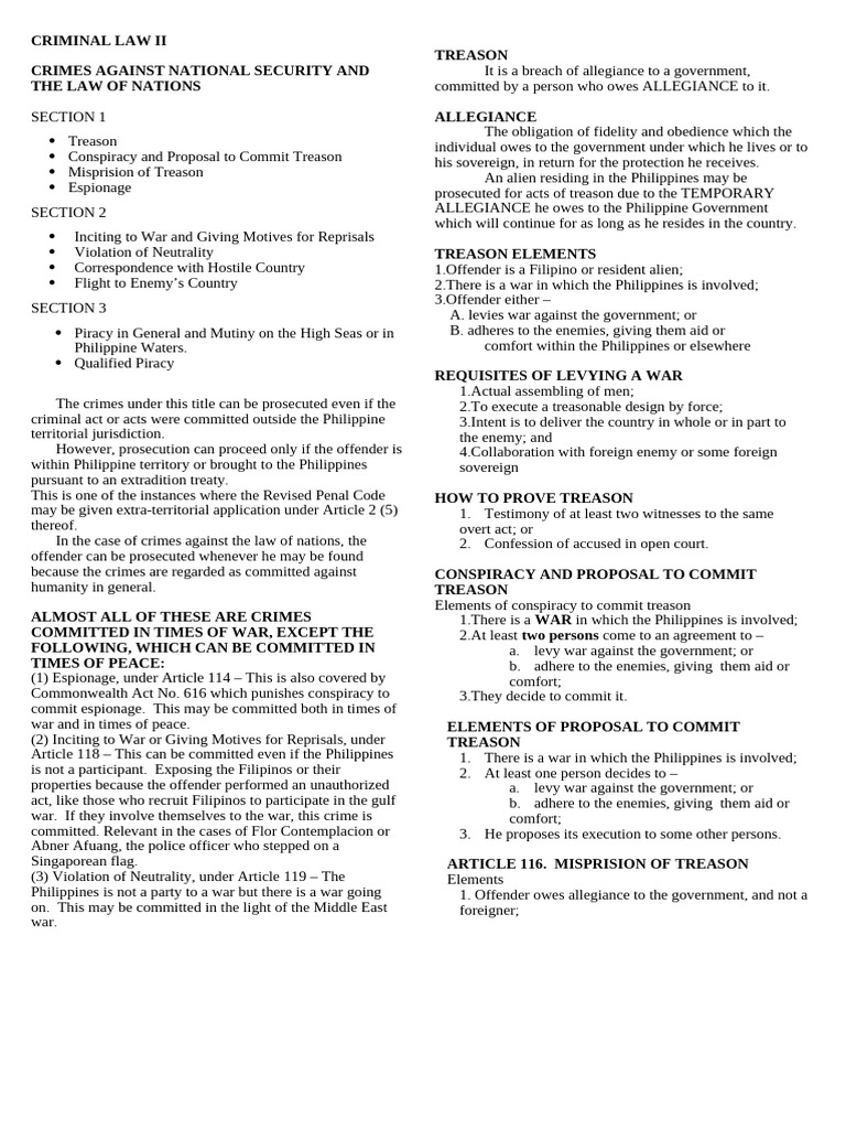 Criminal Law II Notes | PDF | Treason | Detention (Imprisonment)