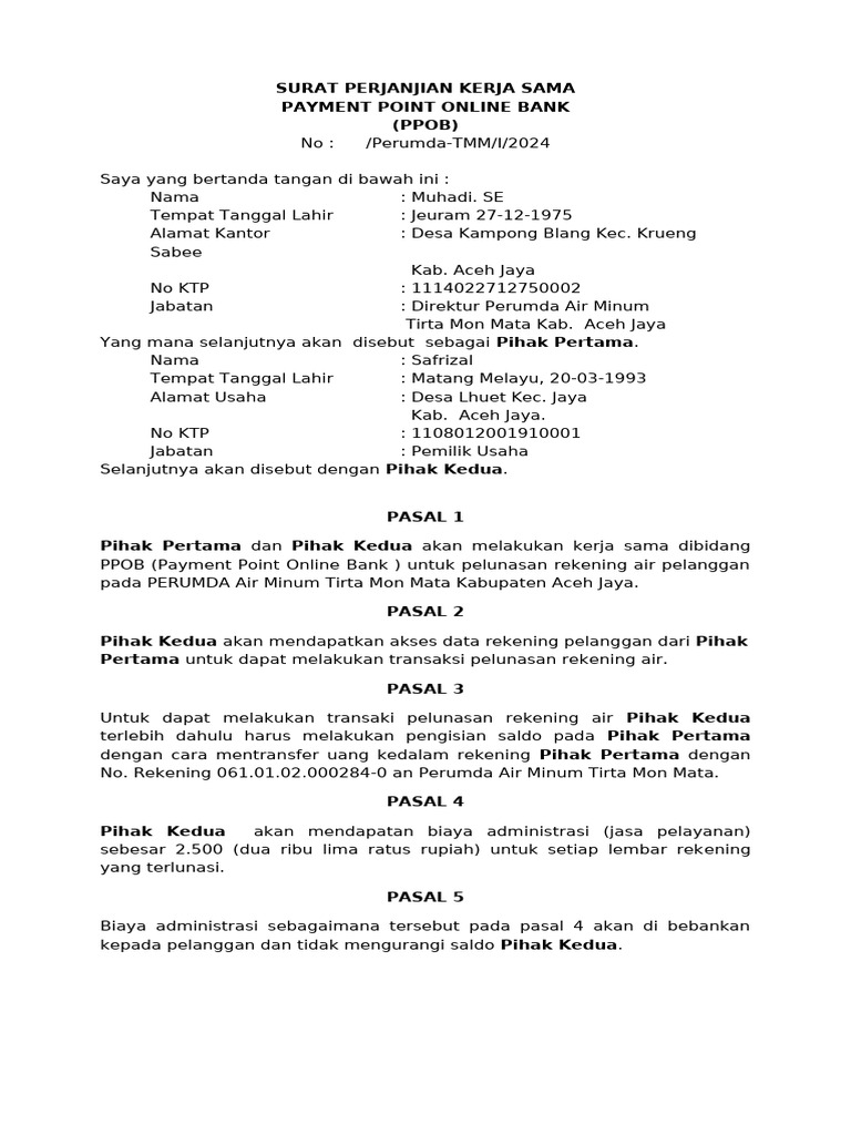 Surat Perjanjian Kerja Sama Ppob Safrizal Desa Babah Dua | PDF ...