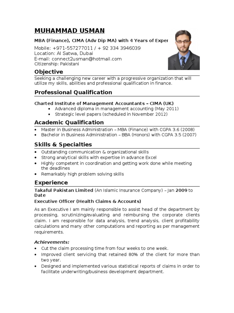 CV Usman MBA CIMA | PDF | Master Of Business Administration ...