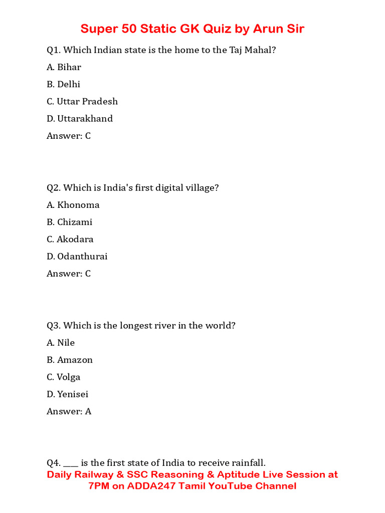 Static GK Quiz | PDF | Jawaharlal Nehru | Government Of India