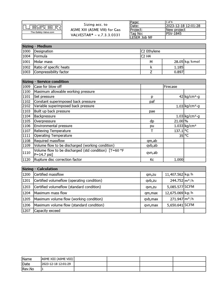 PSV Lesser Data Sheet - 1845 (ASME XIII (ASME VIII) Gas) | PDF | Valve ...