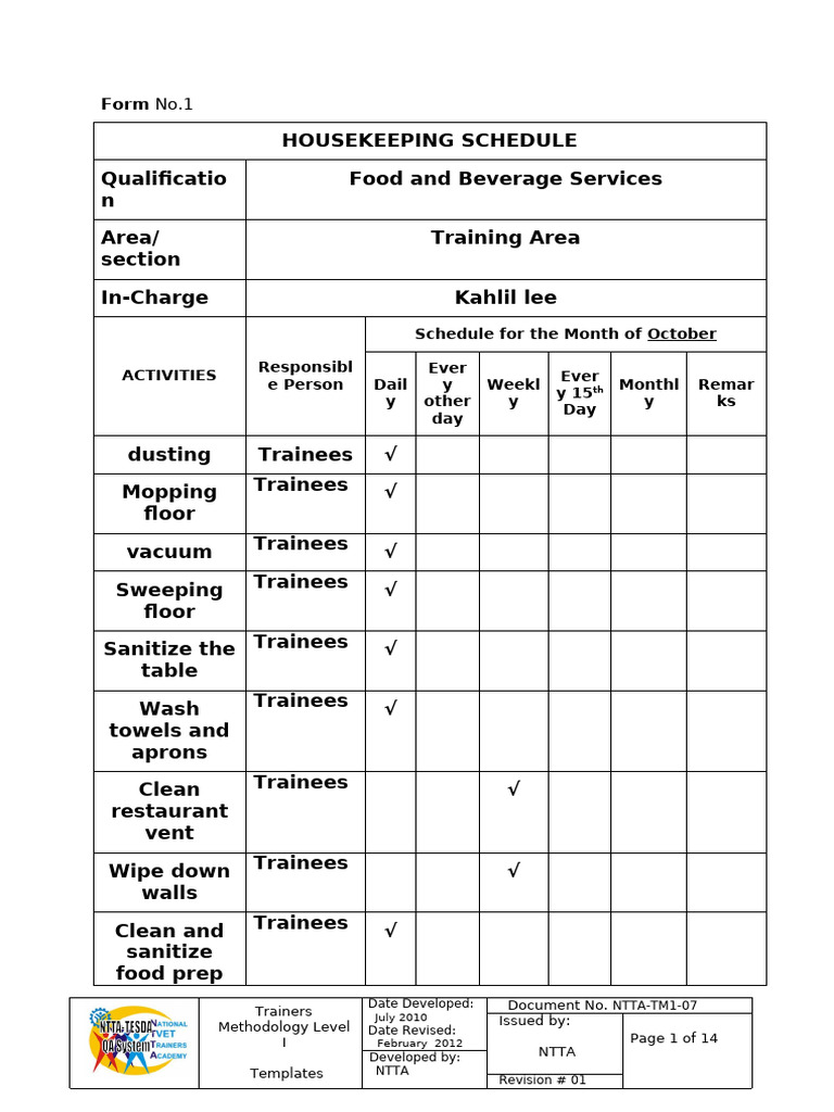 Housekeeping Schedule | PDF | Housekeeping | Business Process