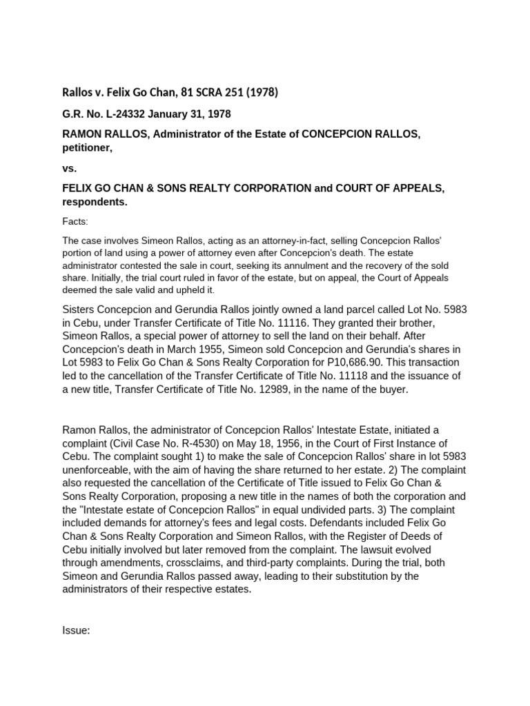 Sisters Concepcion and Gerundia Rallos Jointly Owned A Land Parcel Called Lot No | PDF ...