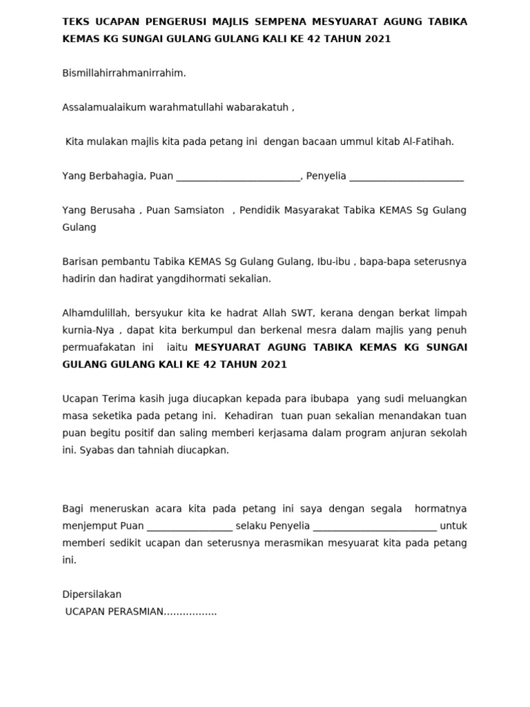 Ucapan Pengerusi Mesyuarat Agung Tabika | PDF | Memasak, Makanan ...