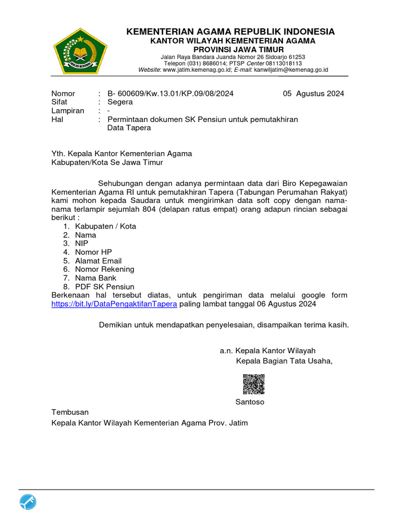 Surat Pemutakhiran Data Tapera | PDF