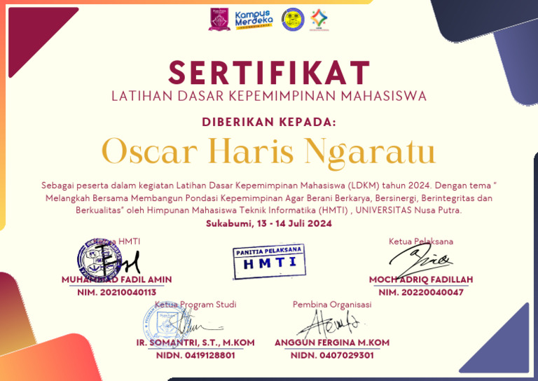 Sertifikat LDKM 2024 HMTI Nusa Putra | PDF