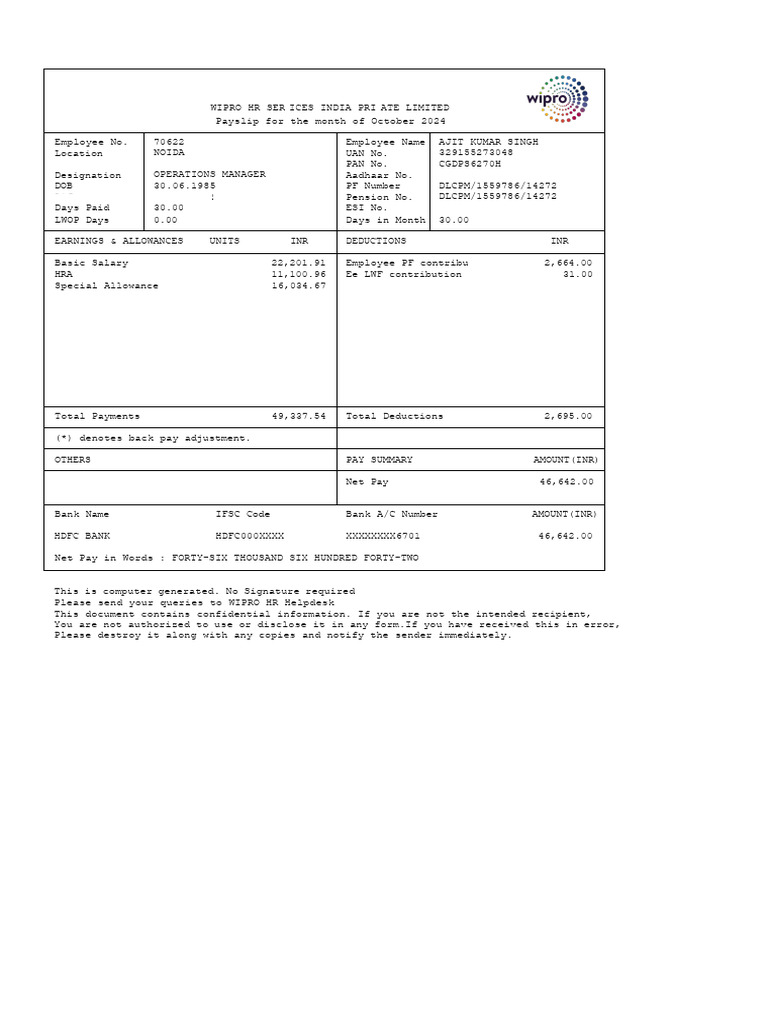 Salaryslip WIPRO | PDF