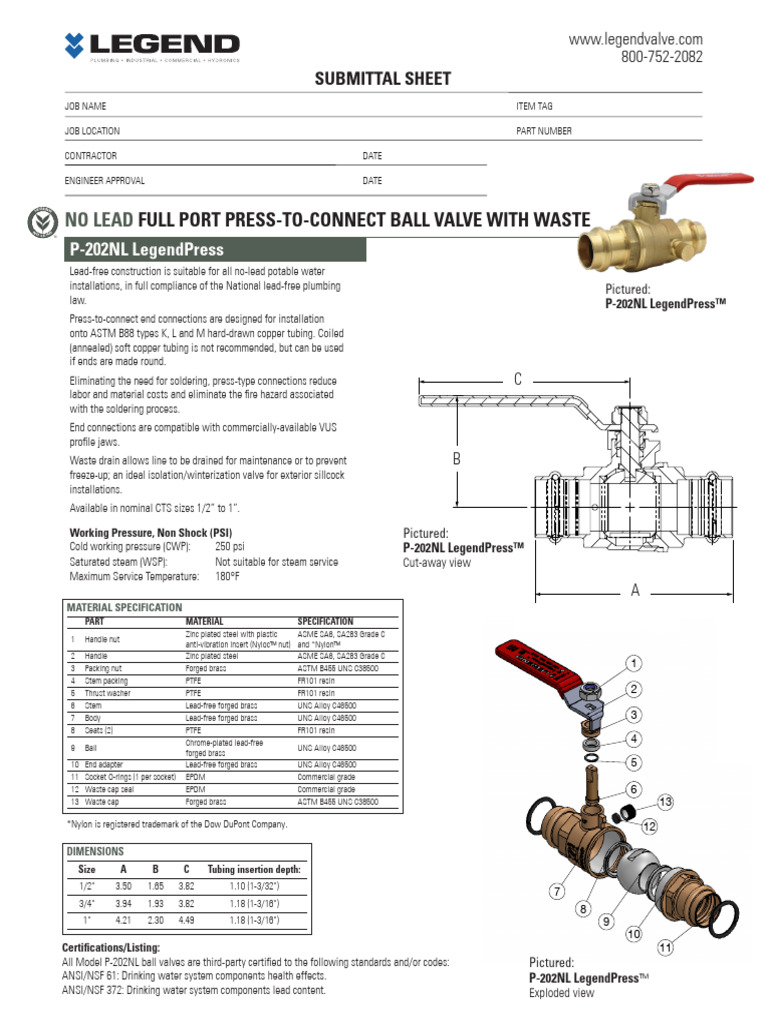 LEGEND 101213NL Specification Sheet | PDF | Pipe (Fluid Conveyance) | Valve