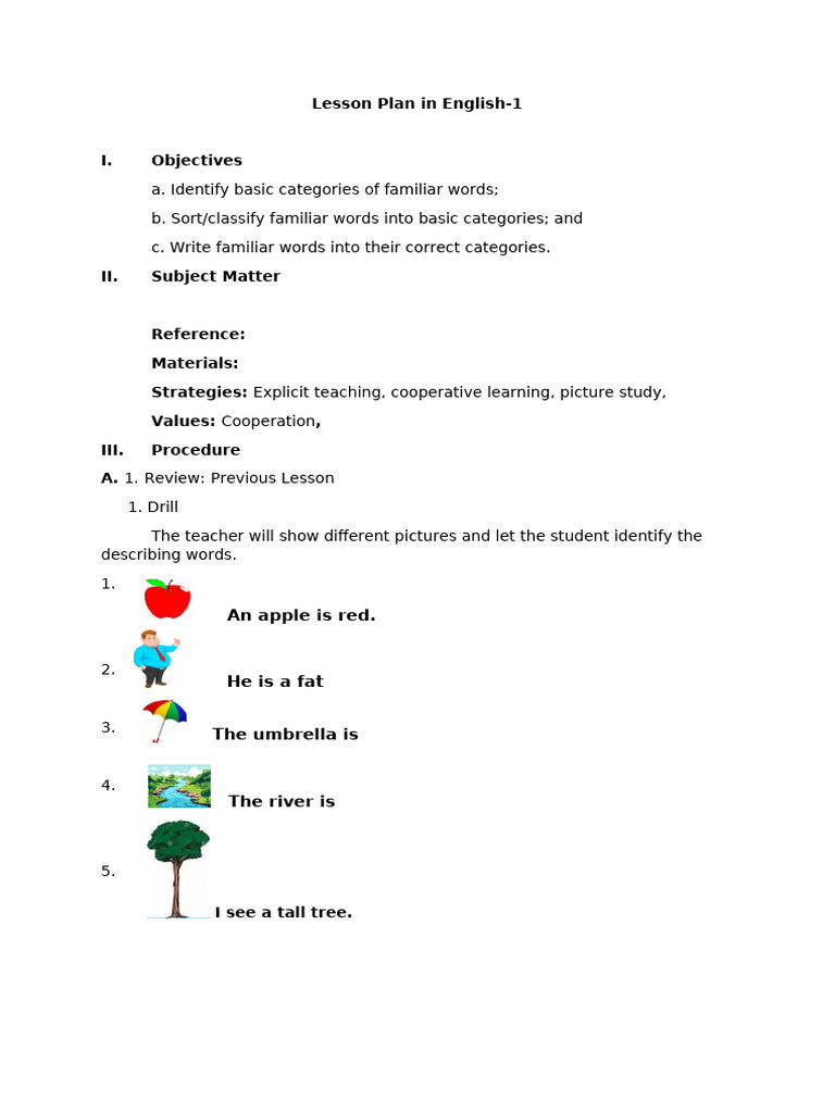 English-1 - Lesson Plan (Q4-W4) | PDF | Toys | Fruit