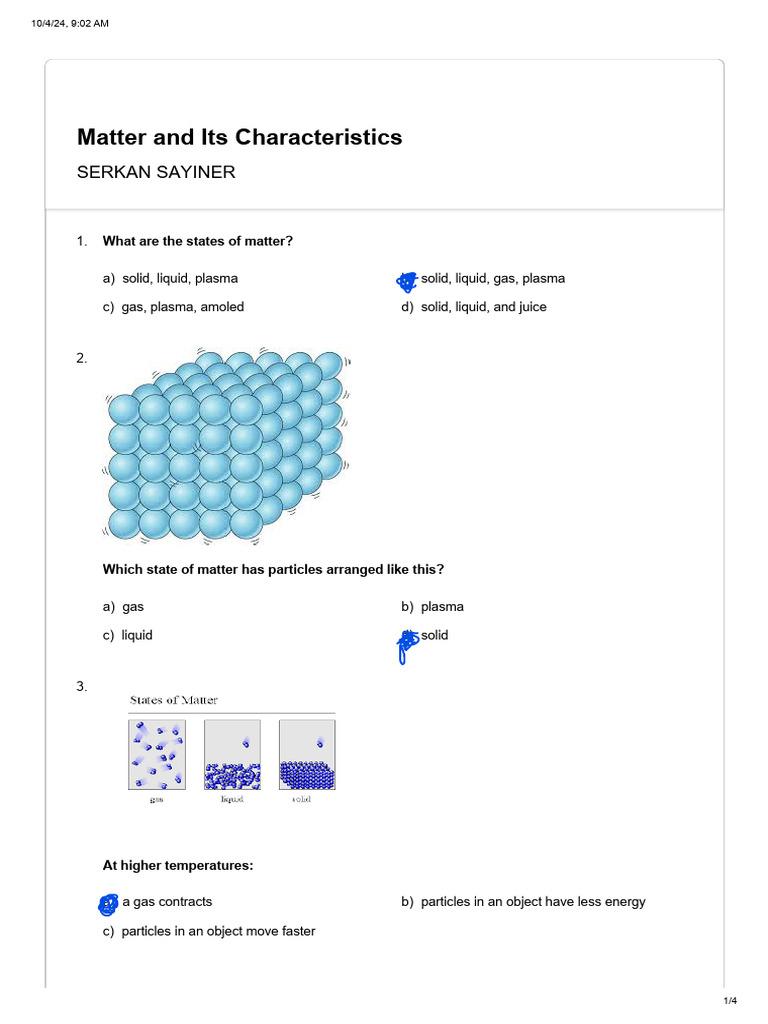Matter Quiz for Students | PDF | Gases | Liquids