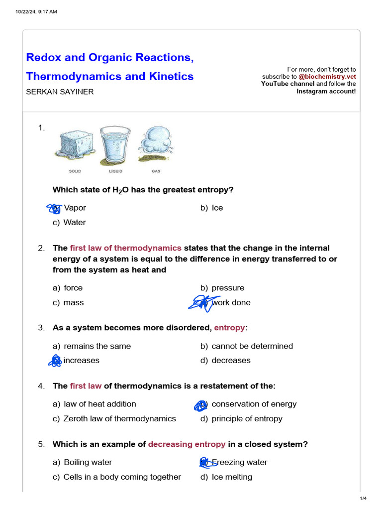 Redox and Organic Reactions, Thermodynamics and Kinetics | PDF ...