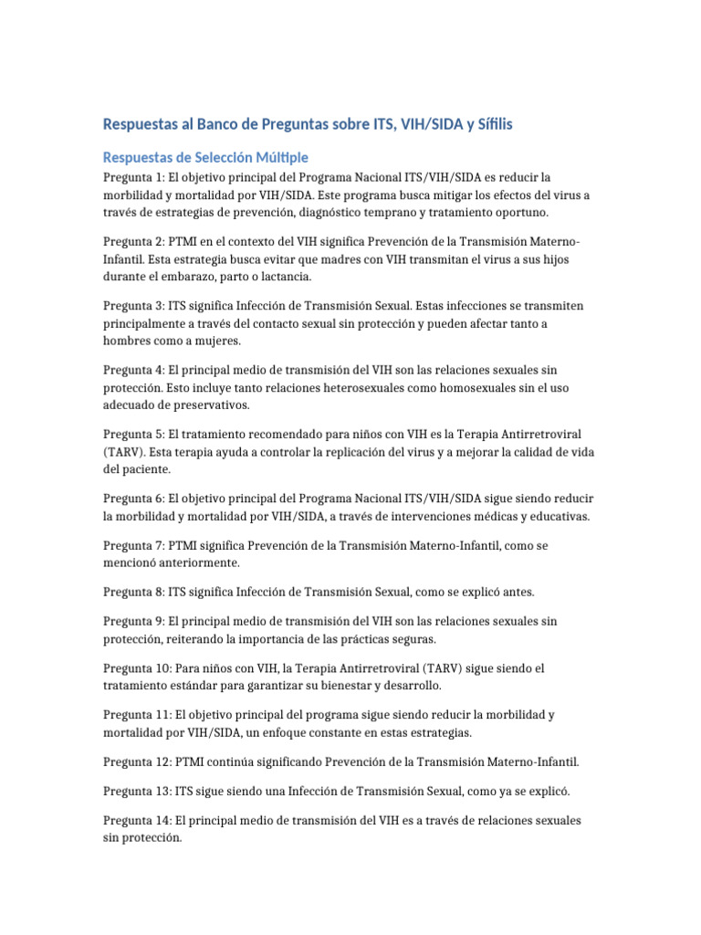 Respuestas Corregidas Banco Preguntas ITS VIH SIDA Sifilis | PDF | VIH | VIH / SIDA
