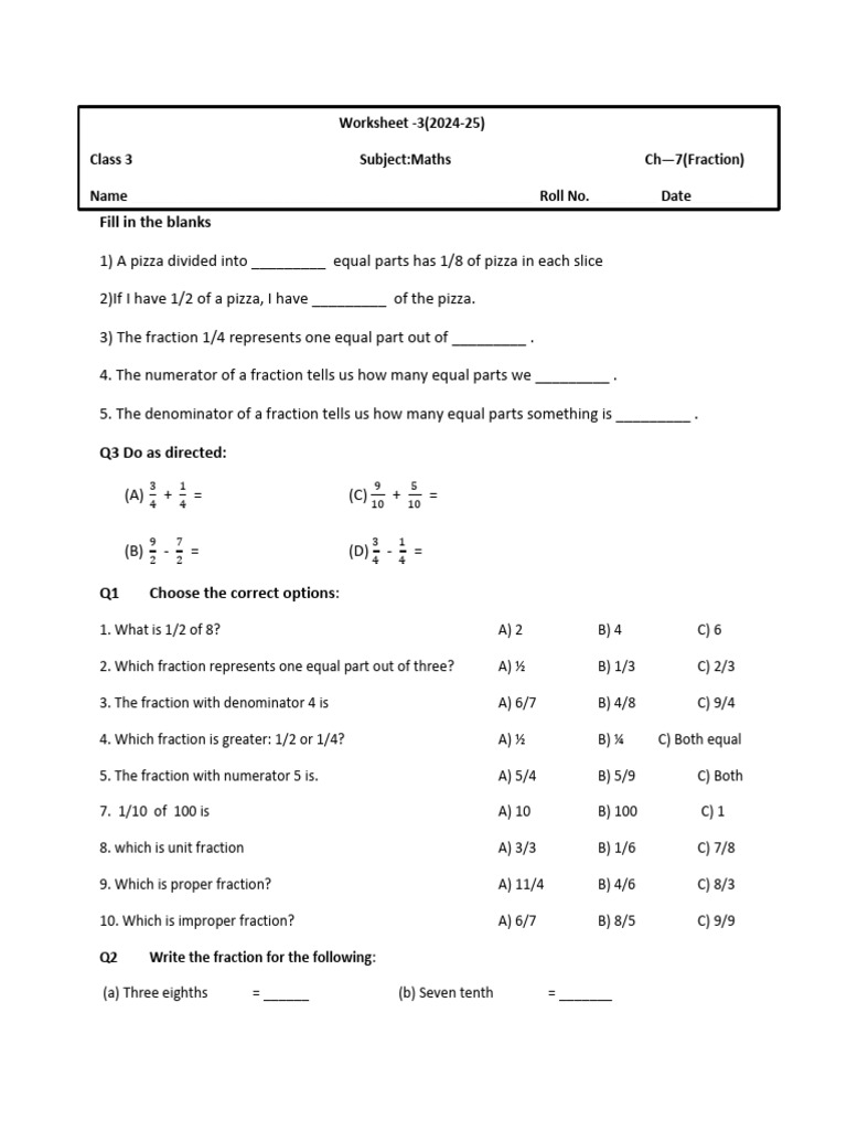 Worksheet-2 Class 3 Maths Ch7 Fraction | PDF | Teaching Methods & Materials | Science & Mathematics