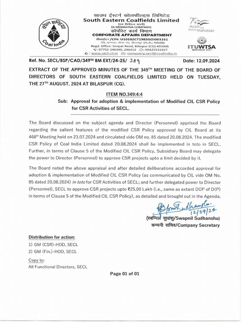 SECL - CSR Policy | PDF | Corporate Social Responsibility | Business