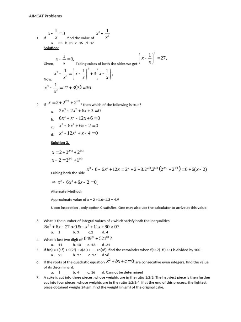 AIMCAT Problem Set1 Detailed Solution | PDF | Area | Mathematical Concepts