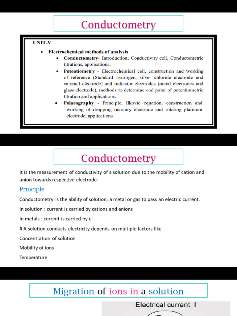 Conductometry: Principles and Applications | PDF | Electrical Resistivity And Conductivity | Acid