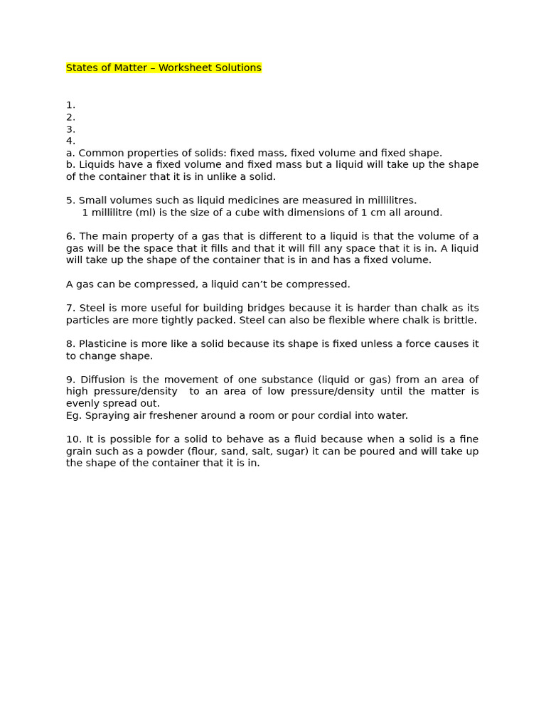 States of Matter - Worksheet Solutions1239641075 | PDF