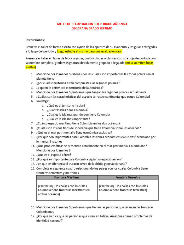 Taller de Recuperacion 3er Periodo Geografia Septimo | PDF