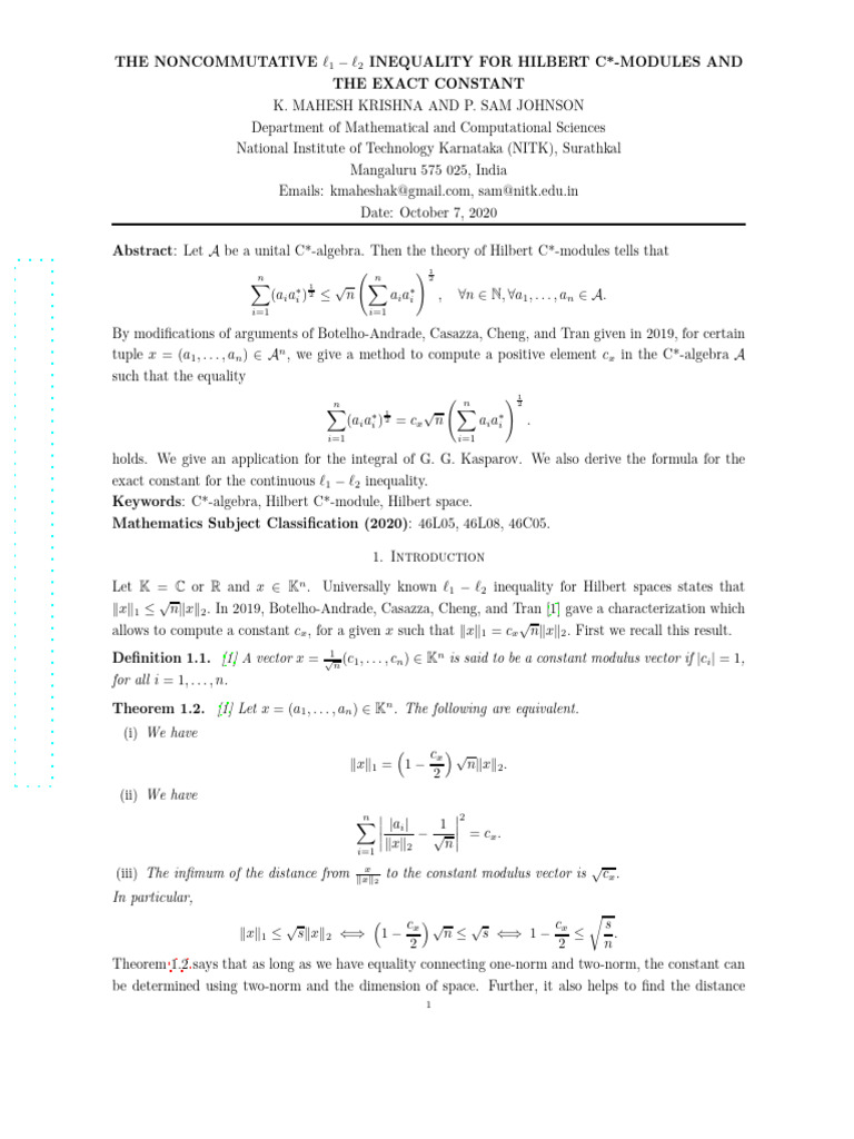The Noncommutative Inequality For Hilbert C - Modules and The Exact Constant | PDF | Vector ...