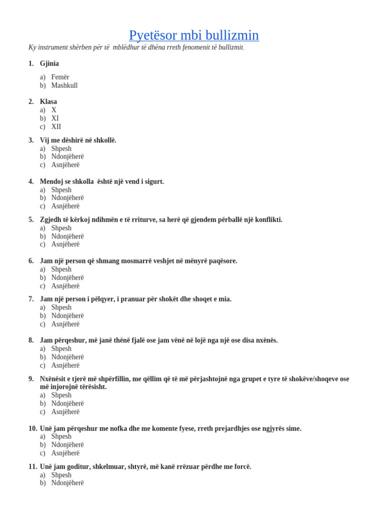 Pyetësor Mbi Bullizmin | PDF
