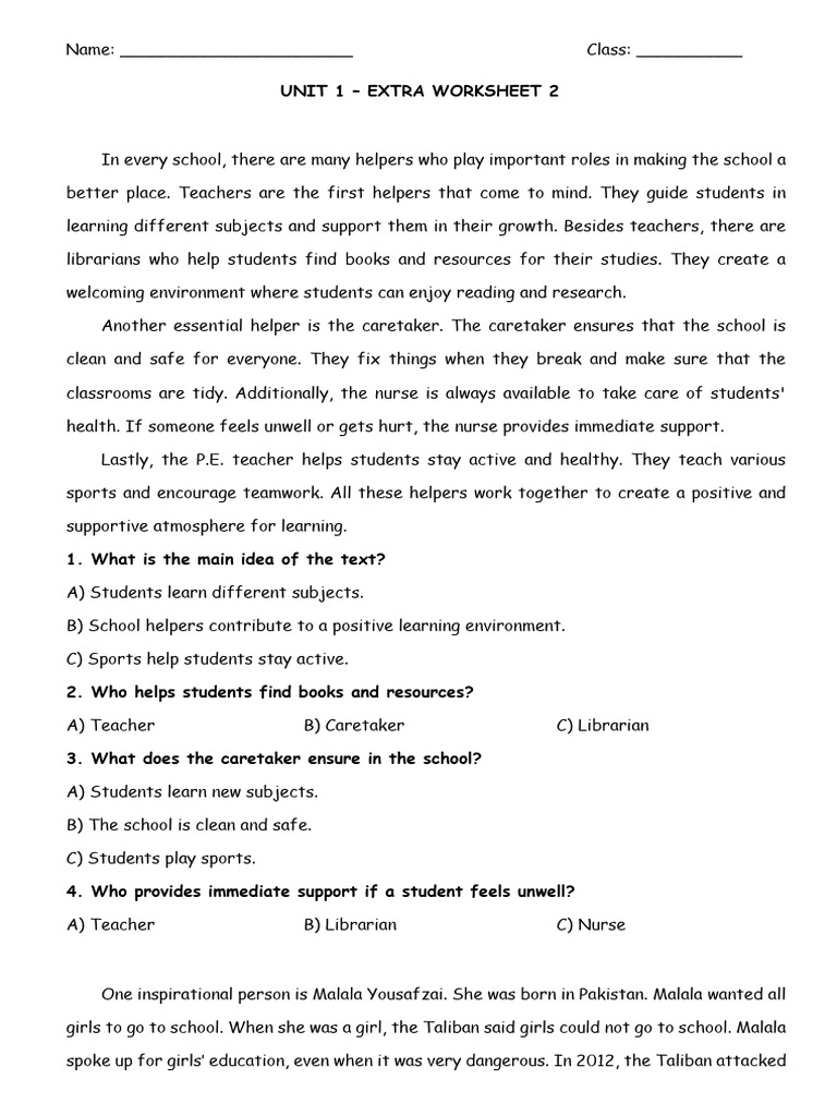 Unit 1 Extra Worksheet 2 | PDF | Malala Yousafzai