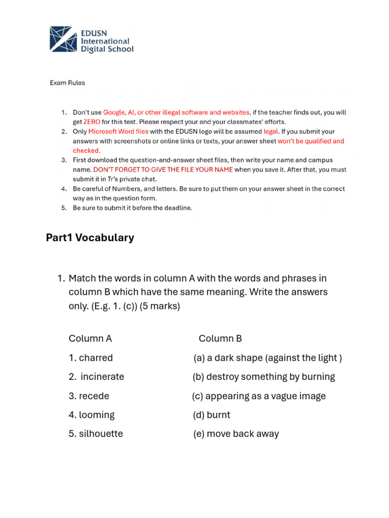 Unit1 Yr8 Progress Test Question Form 1 | PDF