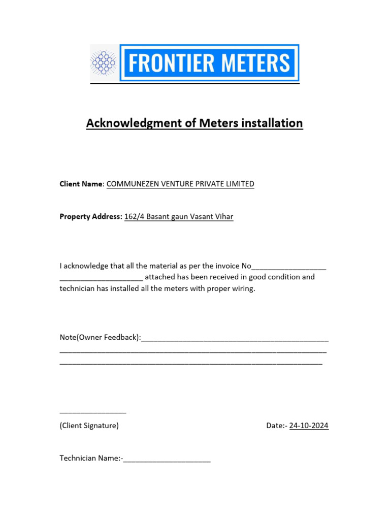 Meter Installation Acknowledgment | PDF | Finance & Money Management
