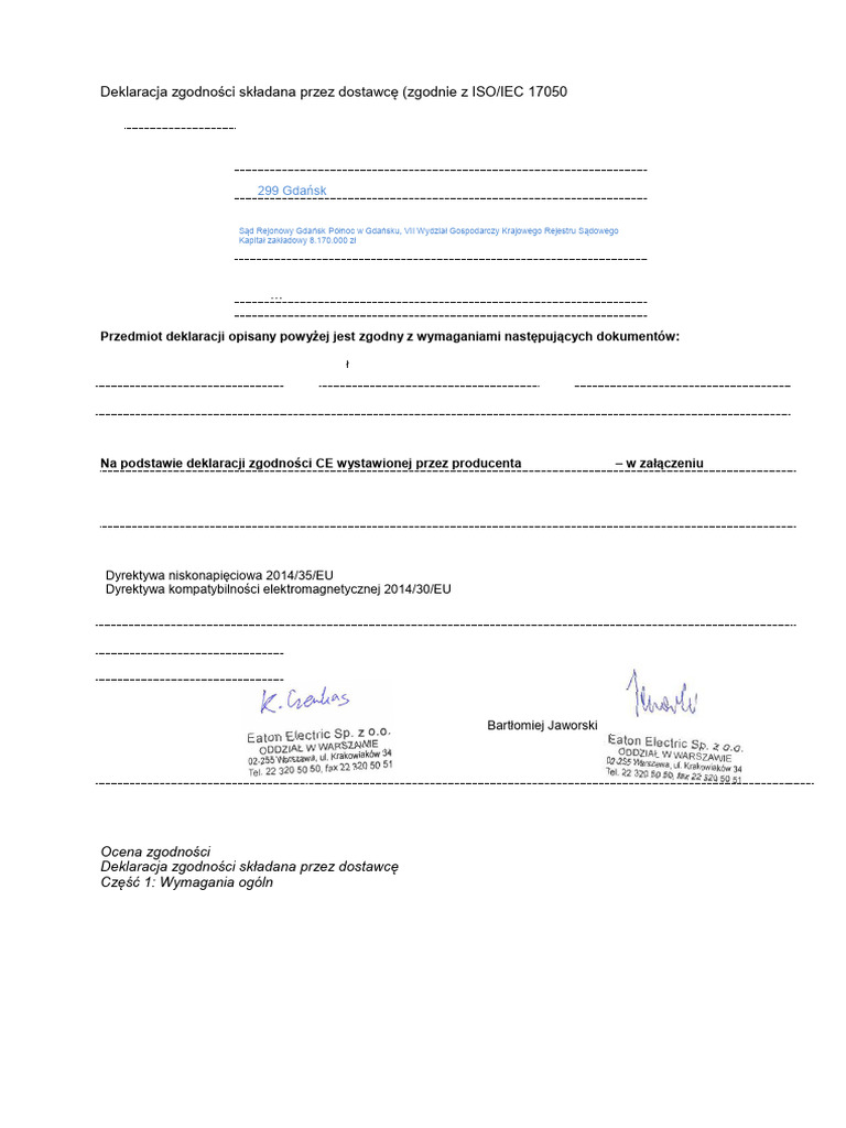 Deklaracja Zgodności Składana Przez Dostawcę (Zgodnie Z ISO/IEC 17050-1 ...