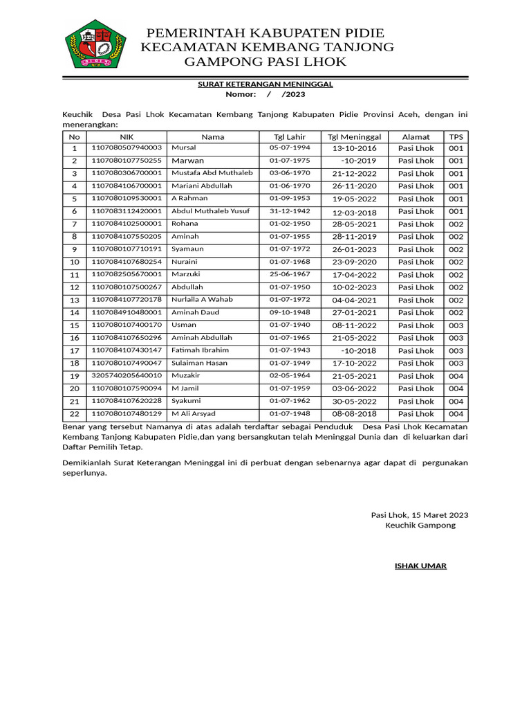 Surat Kematian Pasi Lhok | PDF