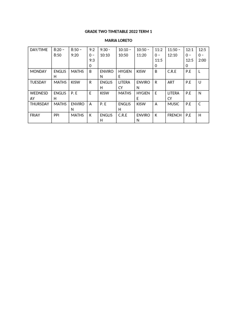 Grade Two Timetable 2022 Term 1 | PDF