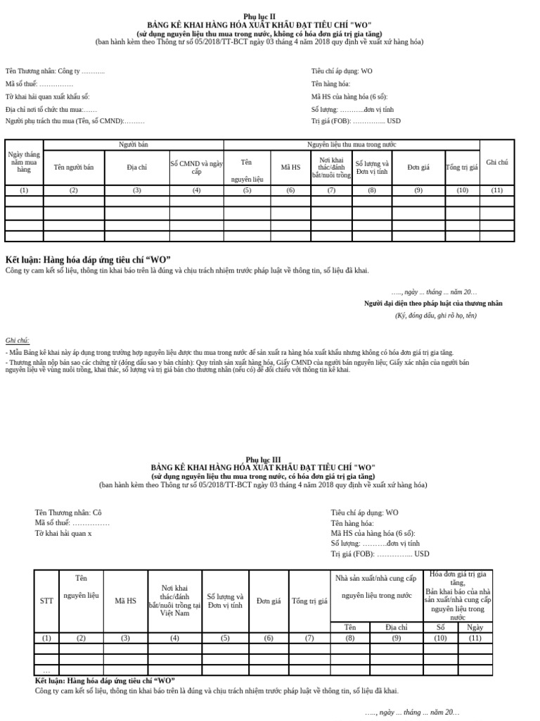 Cac Form Bang Ke c.o -Thông Tư Số 052018tt-Bct | PDF