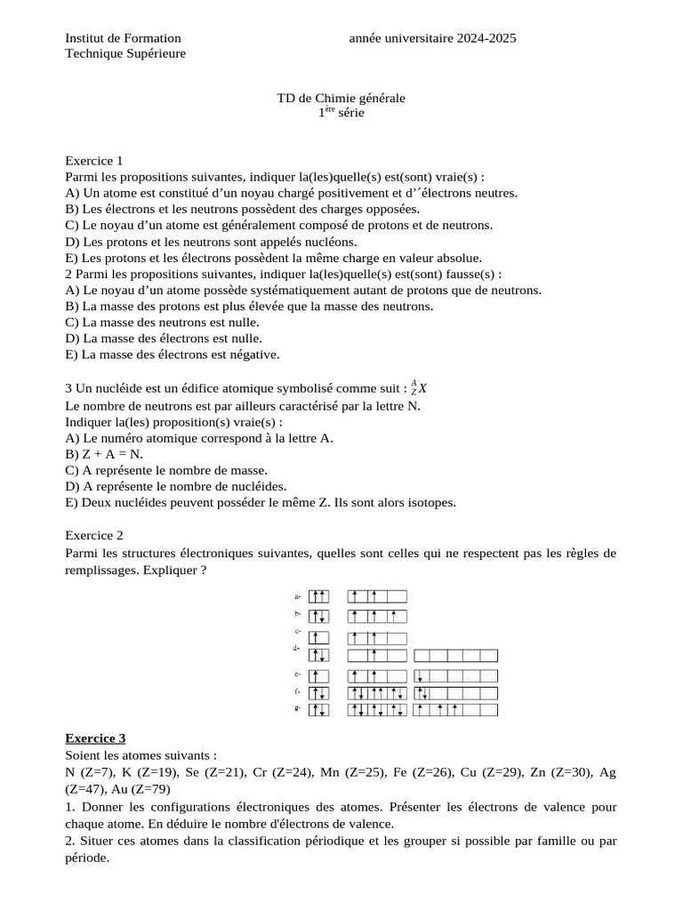 Exercice de Chimie Générale 2024-2025 | PDF | Éléments chimiques | Atomes