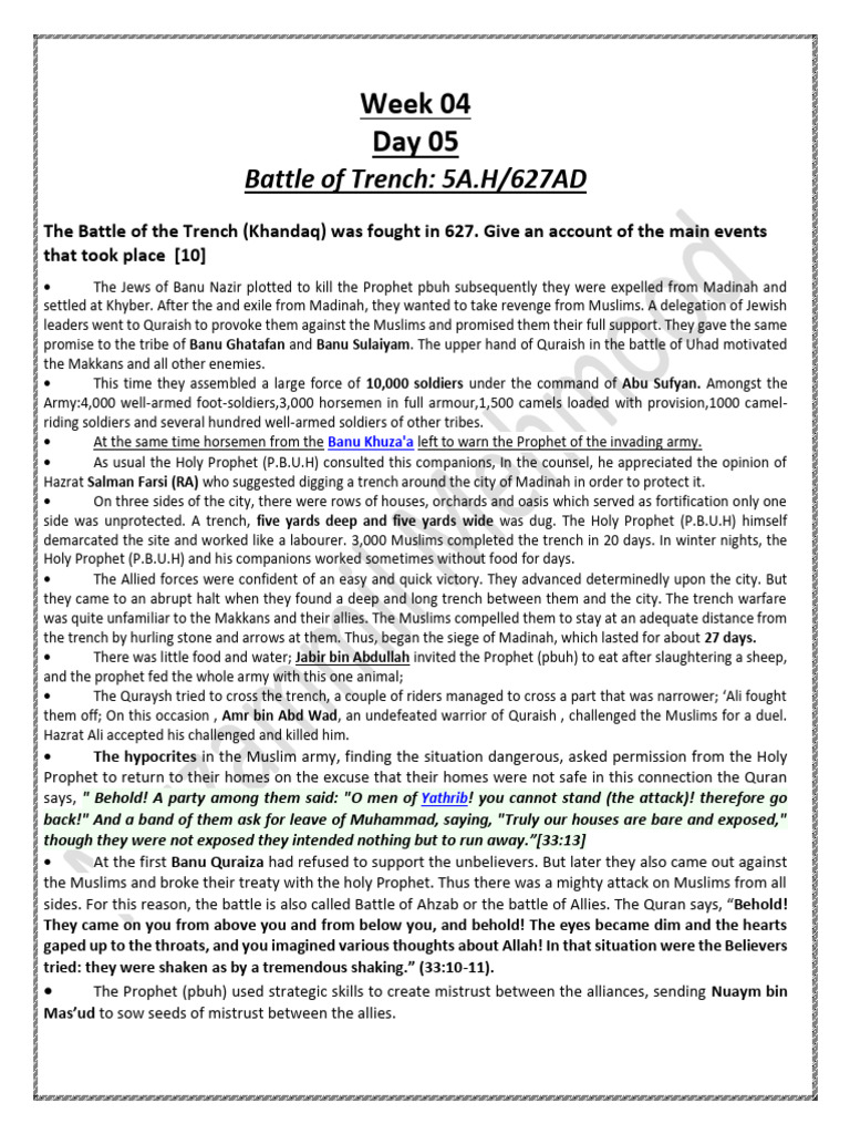 Batlle of Trench and Treaty of Hudaibiya | PDF | Muhammad | Mecca