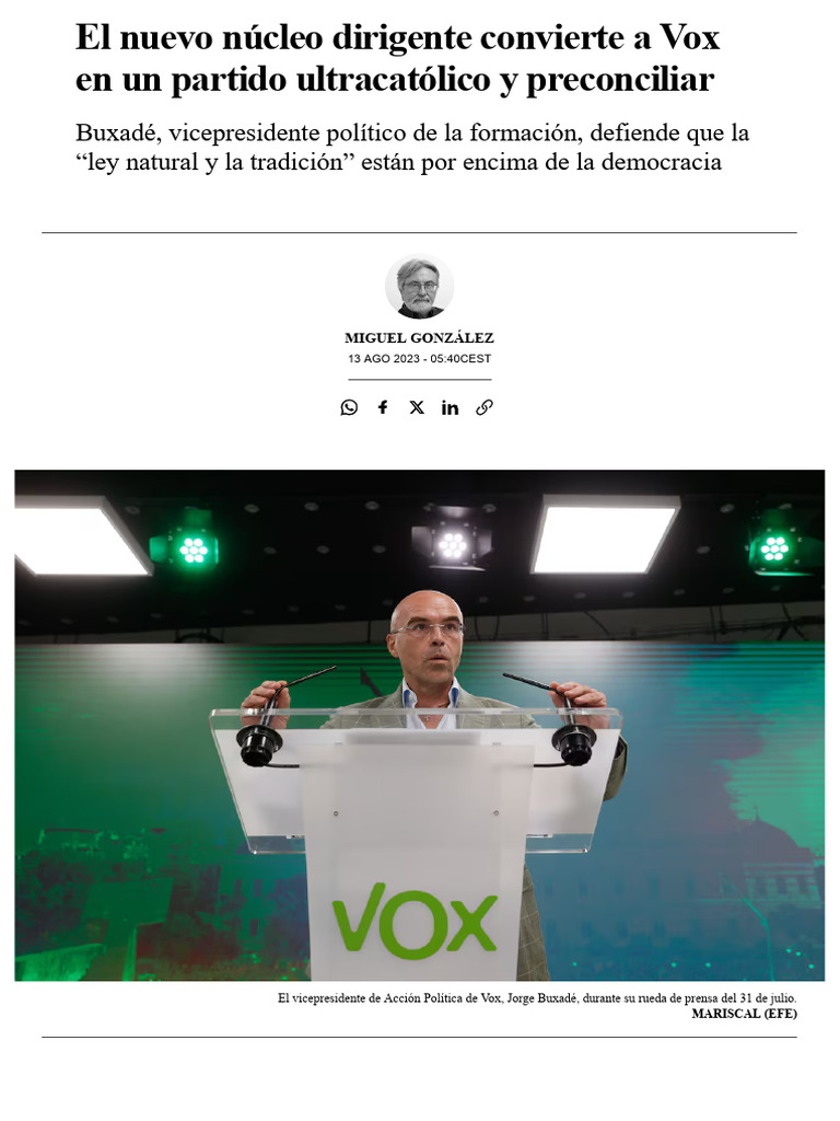 El Nuevo Núcleo Dirigente Convierte A Vox en Un Partido Ultracatólico y ...