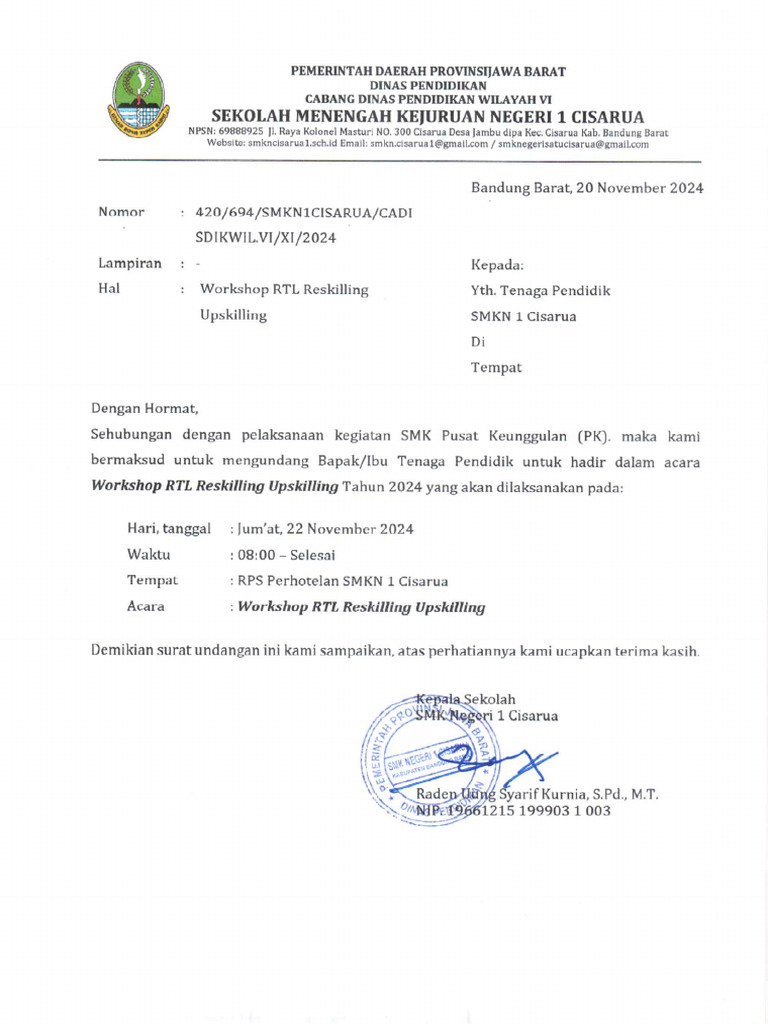 Surat Undangan Workshop RTL Reskilling Upskilling | PDF