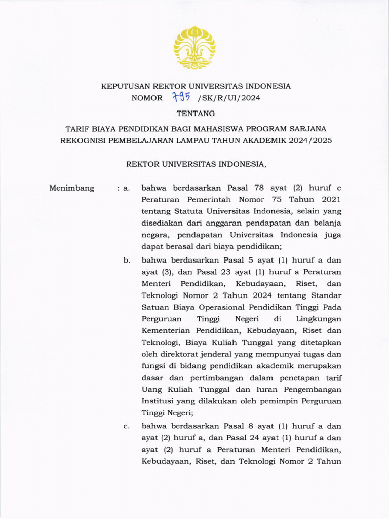 SK - 2024 - NO - 795 - Tentang - Tarif - Biaya - Pendidikan - Bagi ...