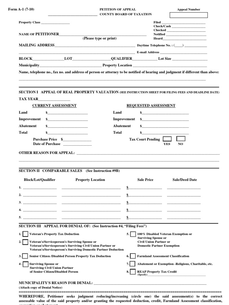 Form A-1 Property Tax Appeal Petition | PDF | Taxation In The United ...