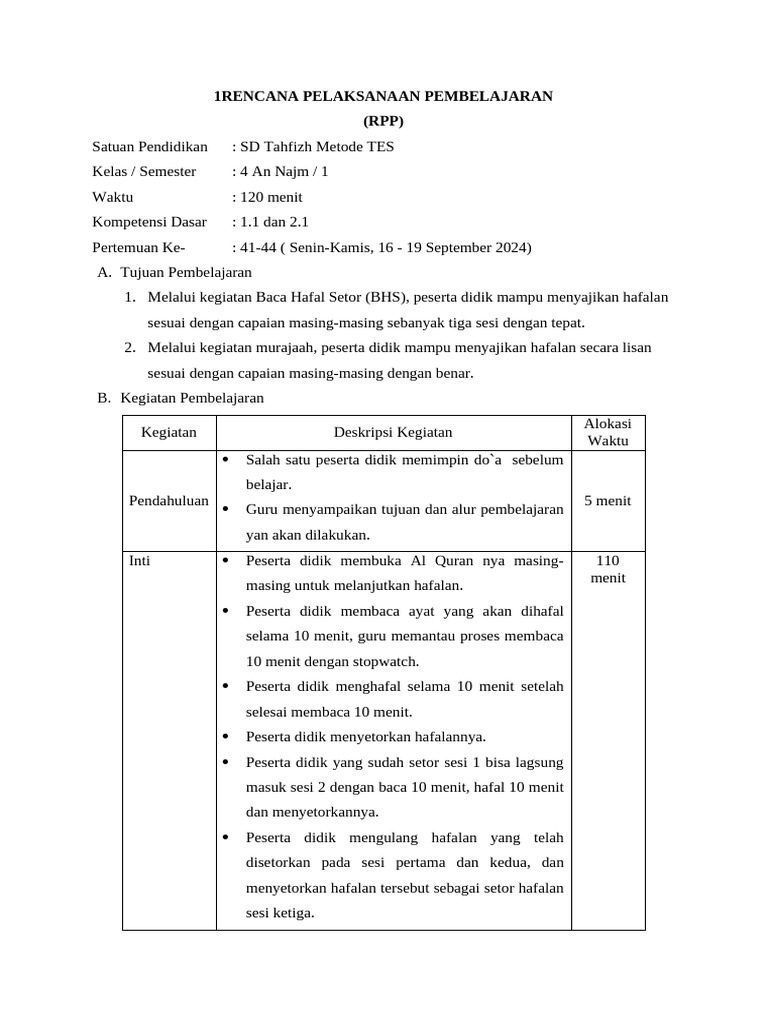 RPP Kelas 4 Semester 1 T.A 24-25 Pertemuan 41-45 (16-20 September 2024) | PDF