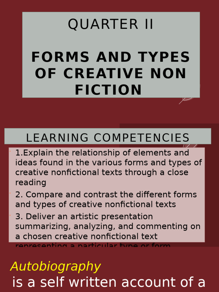 Creative Nonfiction Forms Overview | PDF | Narrative | Creative Nonfiction