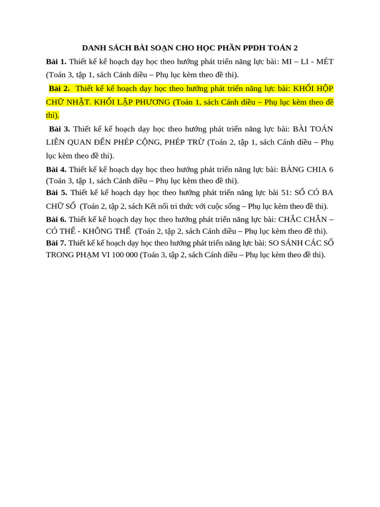 DANH SÁCH BÀI SOẠN CHO HỌC PHẦN PPDH TOÁN 2 | PDF