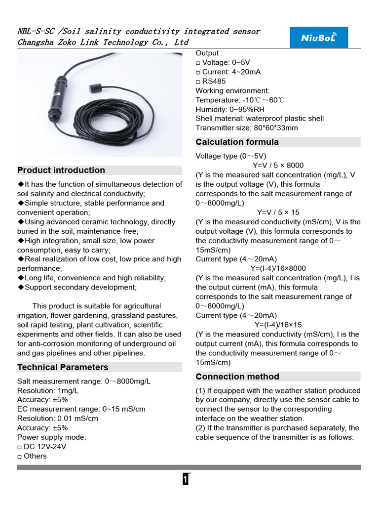 NBL-S-SC Soil Salinity Conductivity Integrated Sensor Manual | PDF | Soil