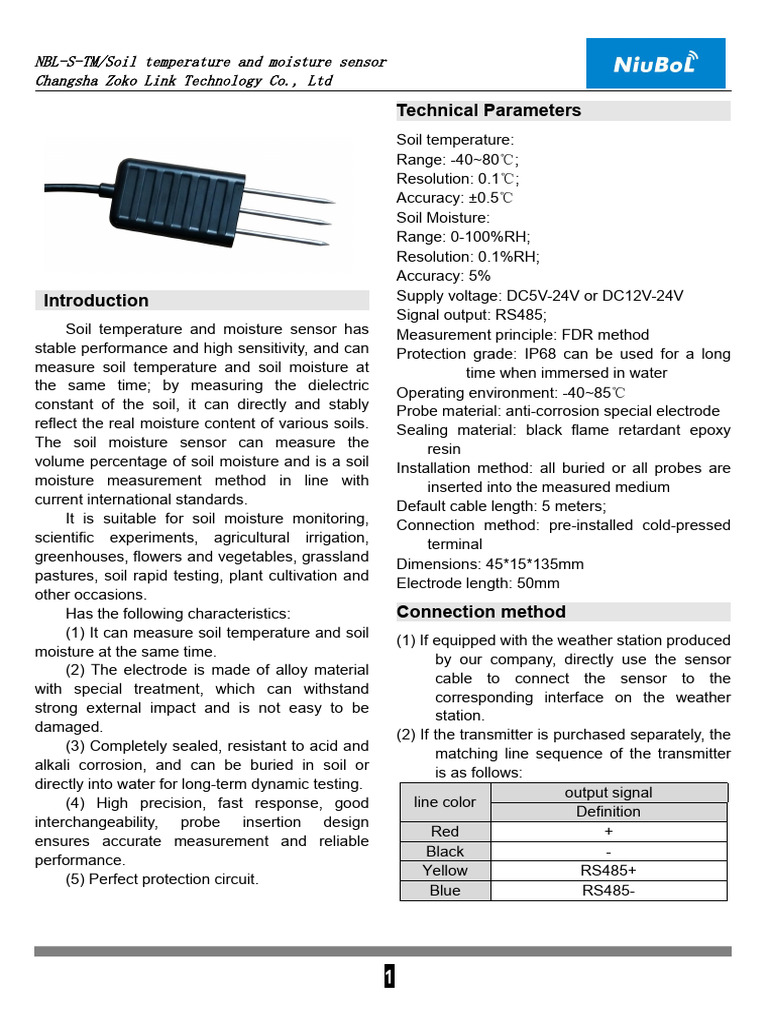 NBL-S-TM Soil Temperature and Moisture Sensor Instruction Manual 4.0 | PDF | Sensor | Soil