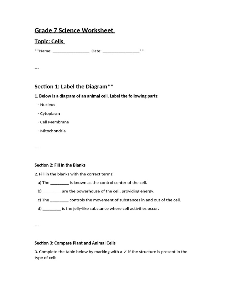 Grade 7 Science Worksheet | PDF